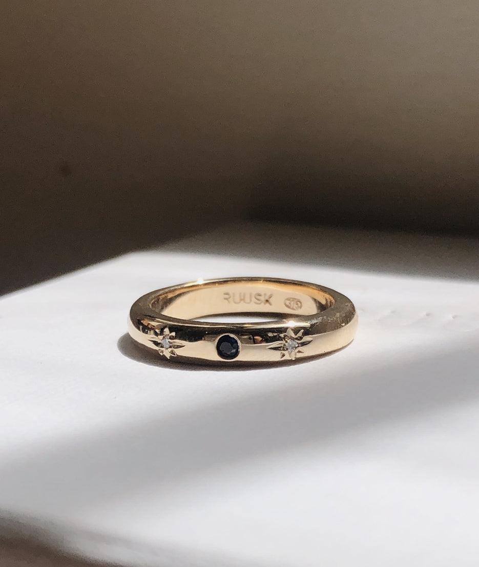 Thin New Moon Diamond and Sapphire or Ruby ring | RUUSK jewellery